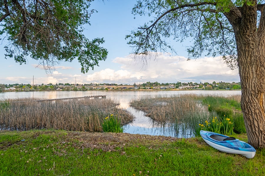 Single level on zero grade lakefront, parklike yard close to town
